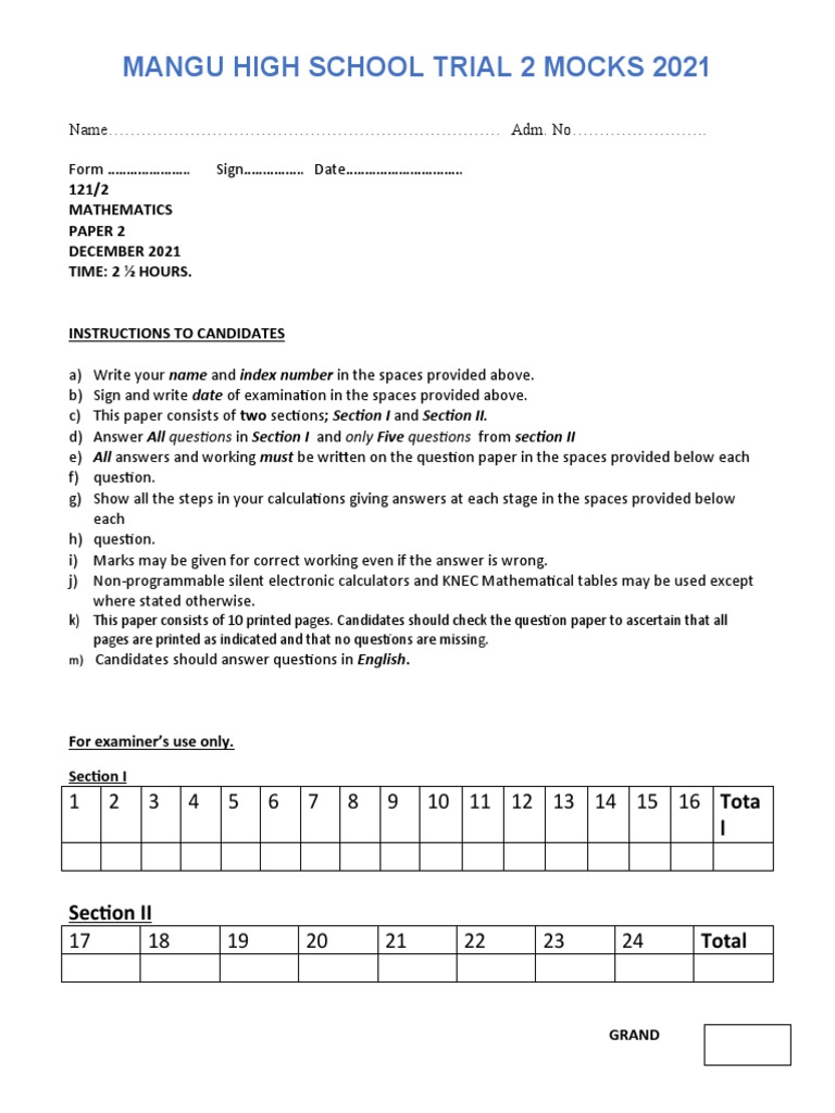 Mangu High School Trial 2 Mocks 2021: 121/2 Mathematics Paper 2 ...