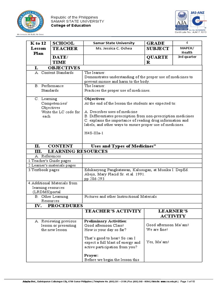 FS LESSON PLAN IN Health | PDF | Prescription Drugs | Over The Counter Drug