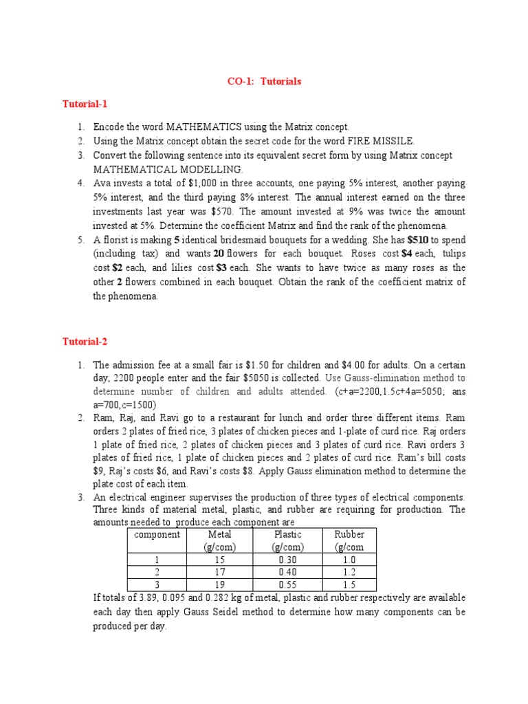 CO-1: Tutorials Tutorial-1 | Download Free PDF | Applied Mathematics ...
