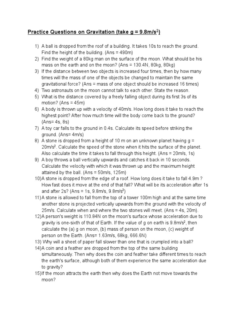 Class 9 Gravitation Practice Problems | PDF | Gravity | Mass