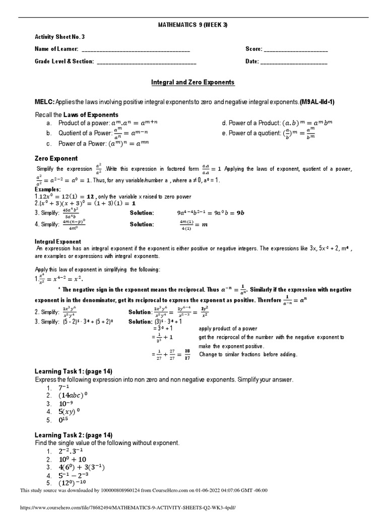Mathematics 9 Activity Sheets Q2 WK3 4 PDF | PDF | Exponentiation ...