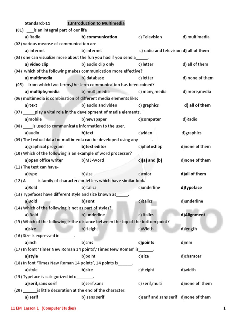 11 em L 1 MCQ | PDF | Typefaces | Serif