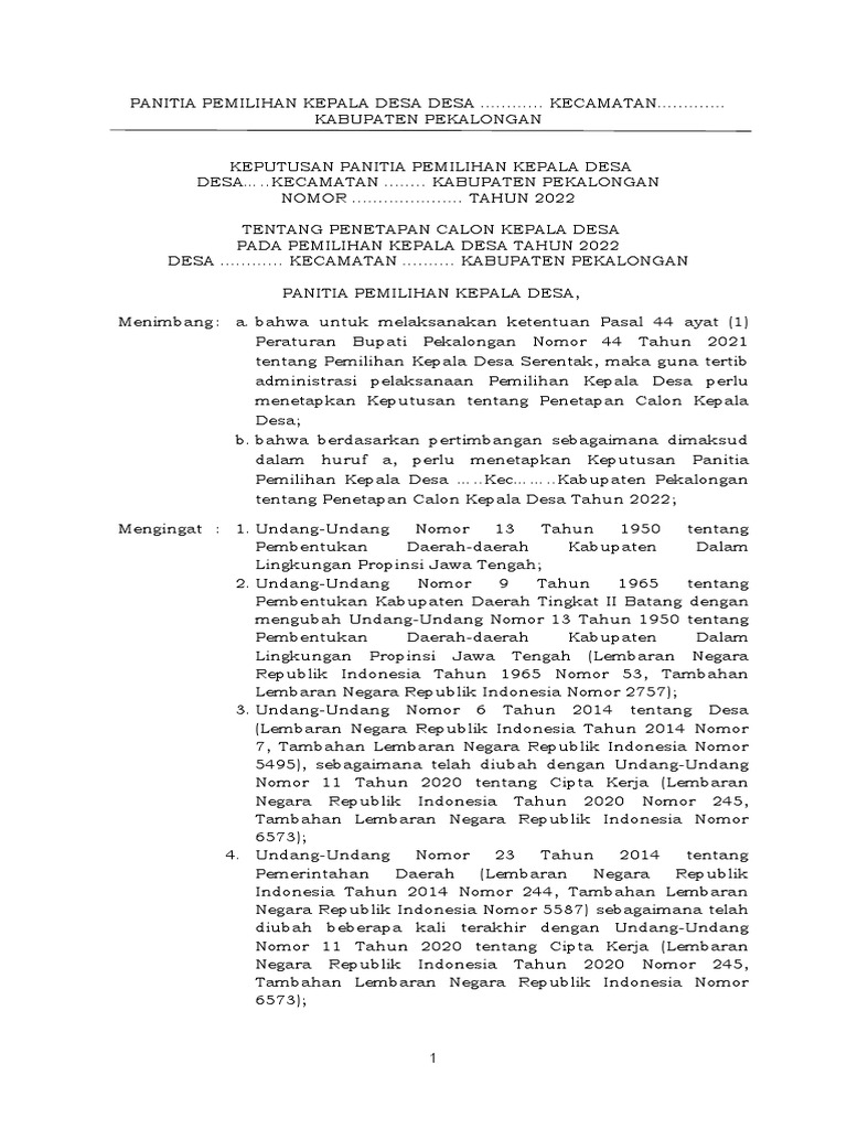 Draft SK P2KD TTG Penetapan Calon Kades | PDF