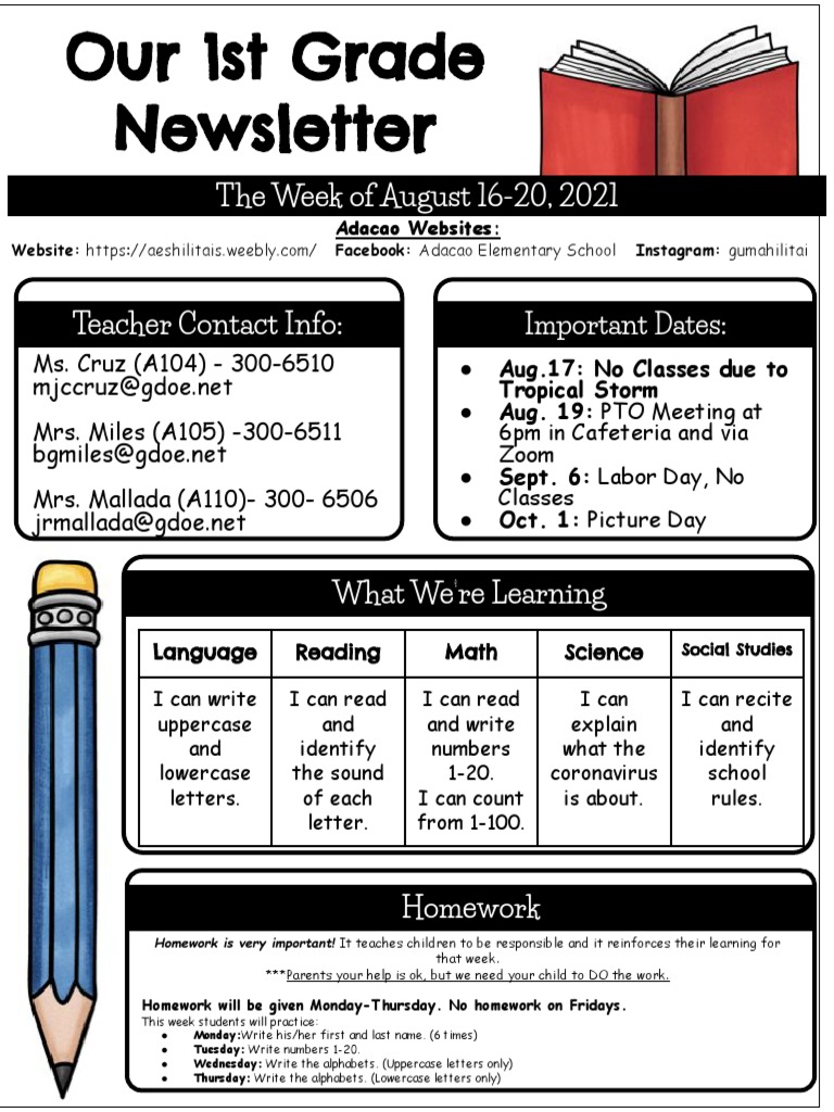 1st Grade Newsletter: Aug 16-20, 2021 | PDF | Learning | Communication