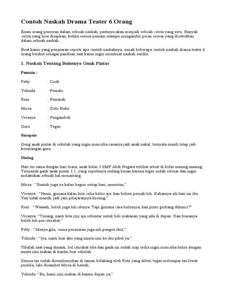 Contoh Naskah Drama Teater 6 Orang | PDF