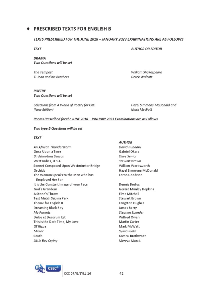 Prescribed Texts For English B | PDF | Poetry