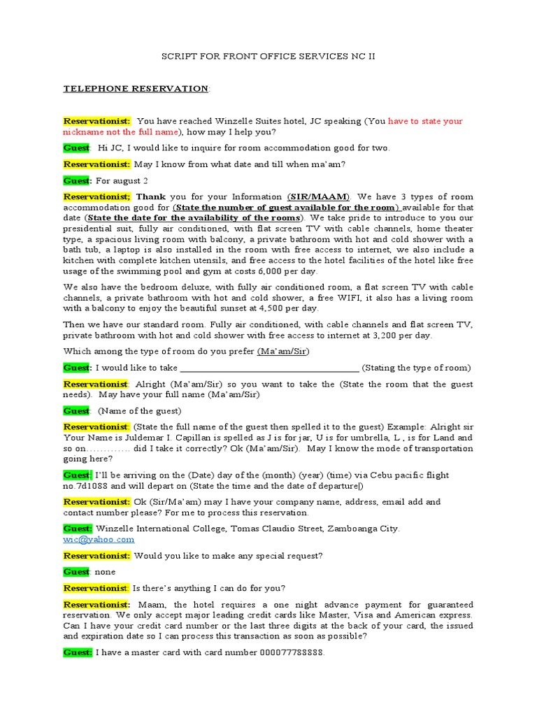 Script For Front Office Services NC Ii | PDF | Credit Card | Bathroom
