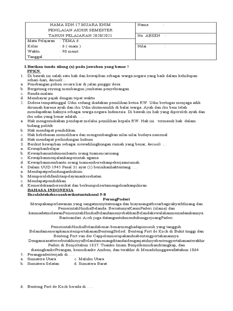 Soal Pas Kelas 6 Tema 6 | PDF