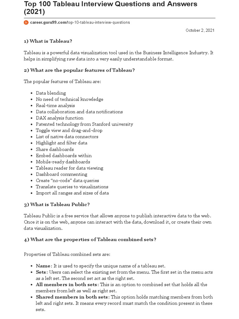Top 100 Tableau Interview Questions and Answers (2021) | PDF | Databases | Microsoft Excel