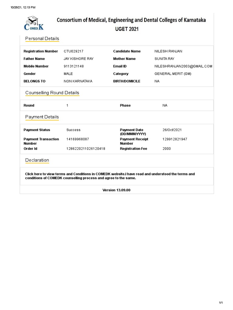 Comedk Fees Receipt | PDF