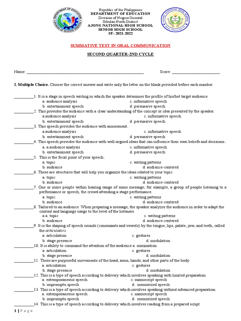 Oral Communication Summative Test | PDF | Speech | Human Communication