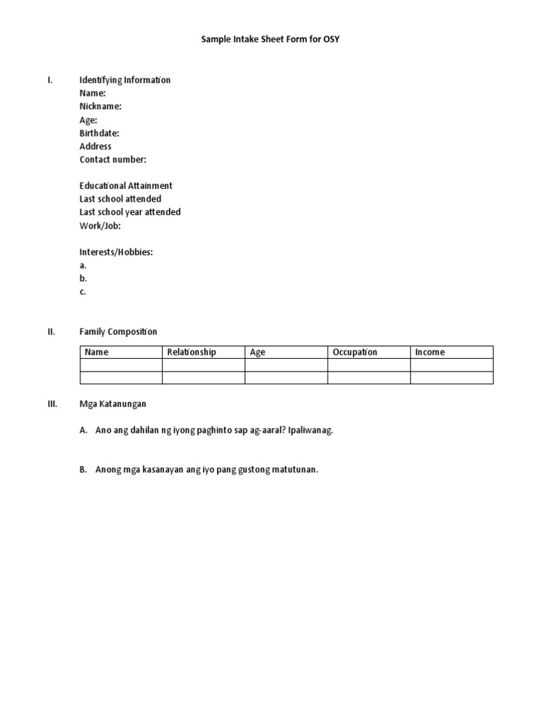 Sample Intake Sheet Form For OSY | PDF | Career & Growth