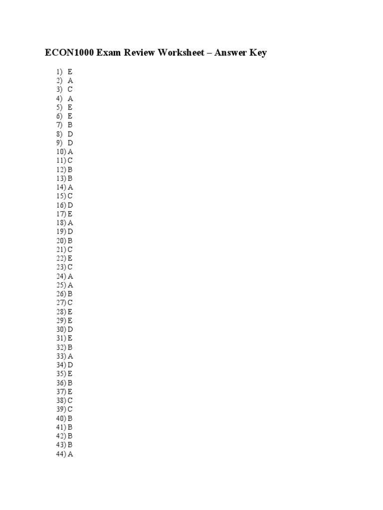 ECON1000 Exam Review Worksheet - Answer Key | PDF