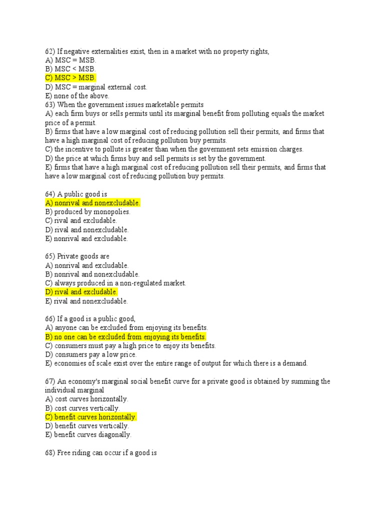 Multiple choice microeconomics questions covering topics of market ...