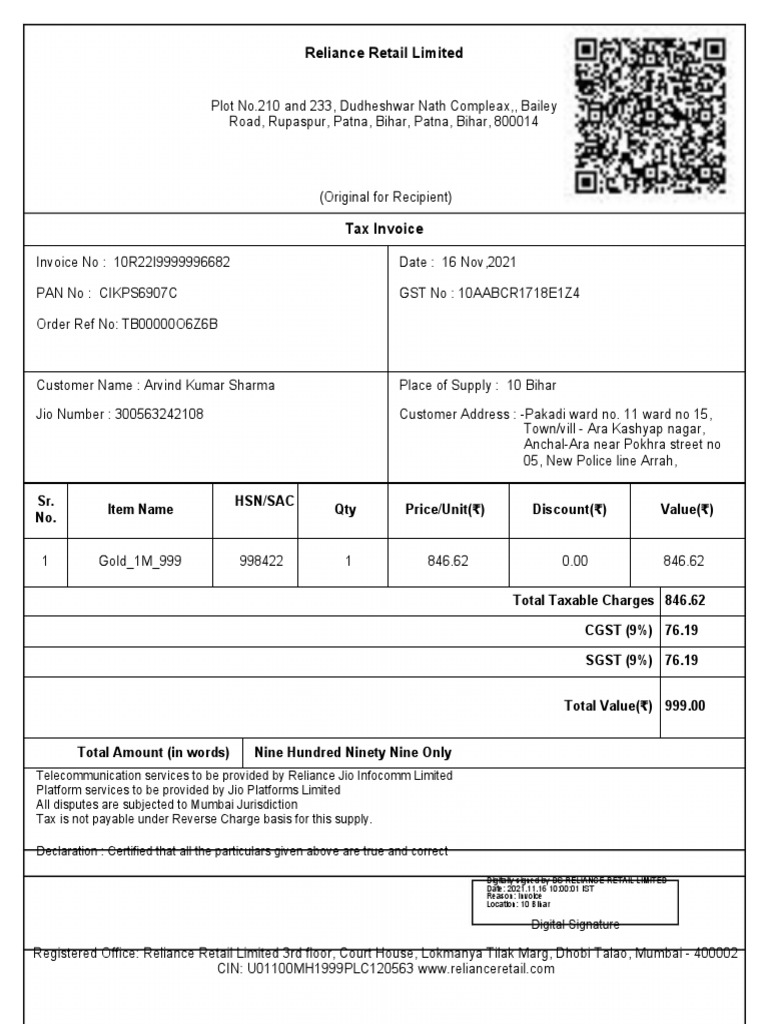 Jio November Invoice Receipt-Arvind Kumar Sharma | Download Free PDF ...