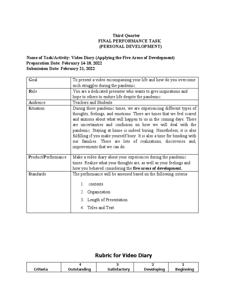 Rubric For Video Diary: Criteria 4 Outstanding 3 Satisfactory 2 ...