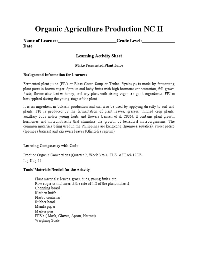 Organic Agriculture Production NC II: Name of Learner: Grade Level ...