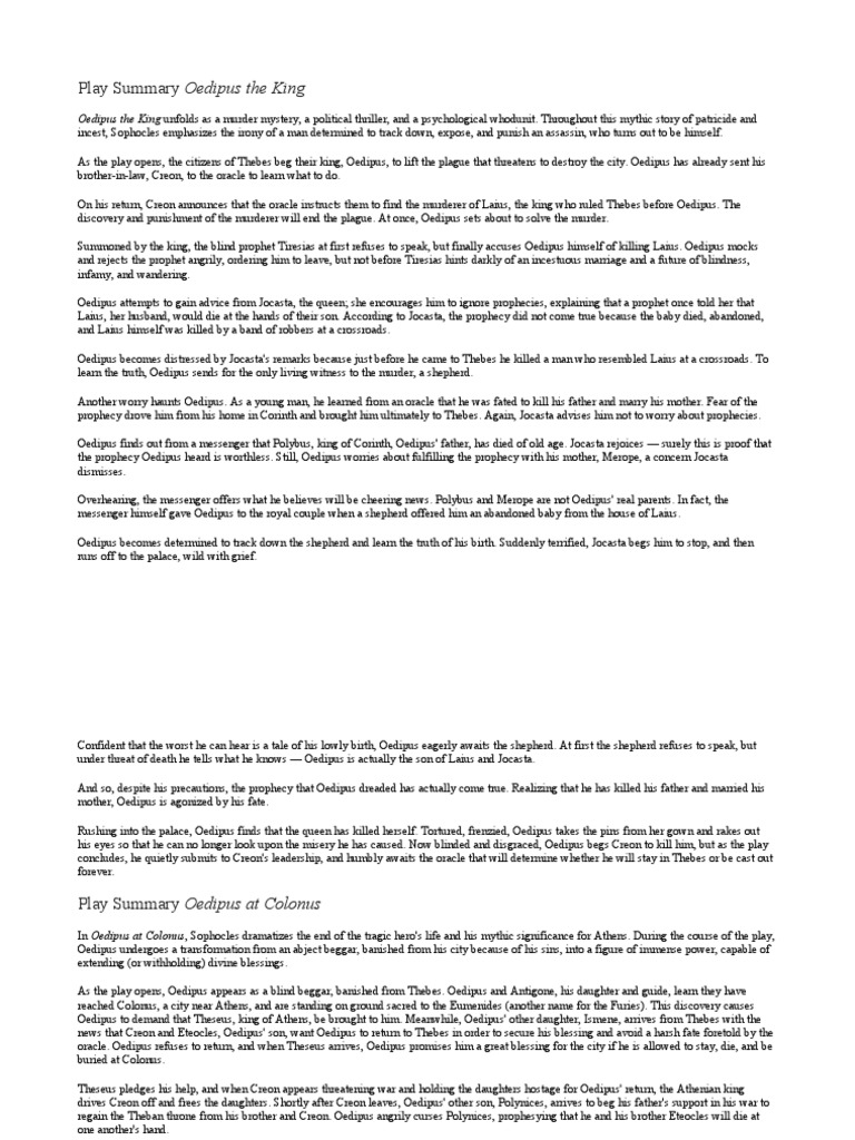 Play Summary Oedipus The King | PDF | Sophocles | Ancient Thebes (Boeotia)