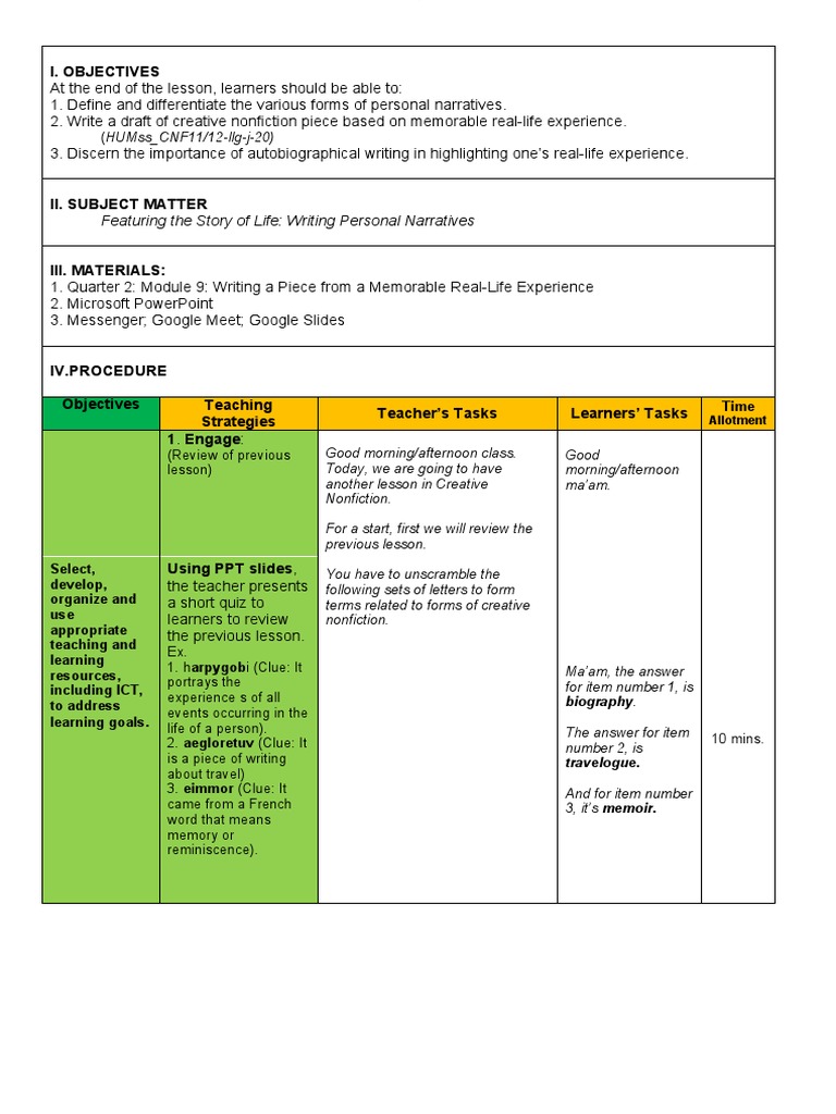 Creative Nonfiction Lesson Plan | PDF | Curriculum | Teachers