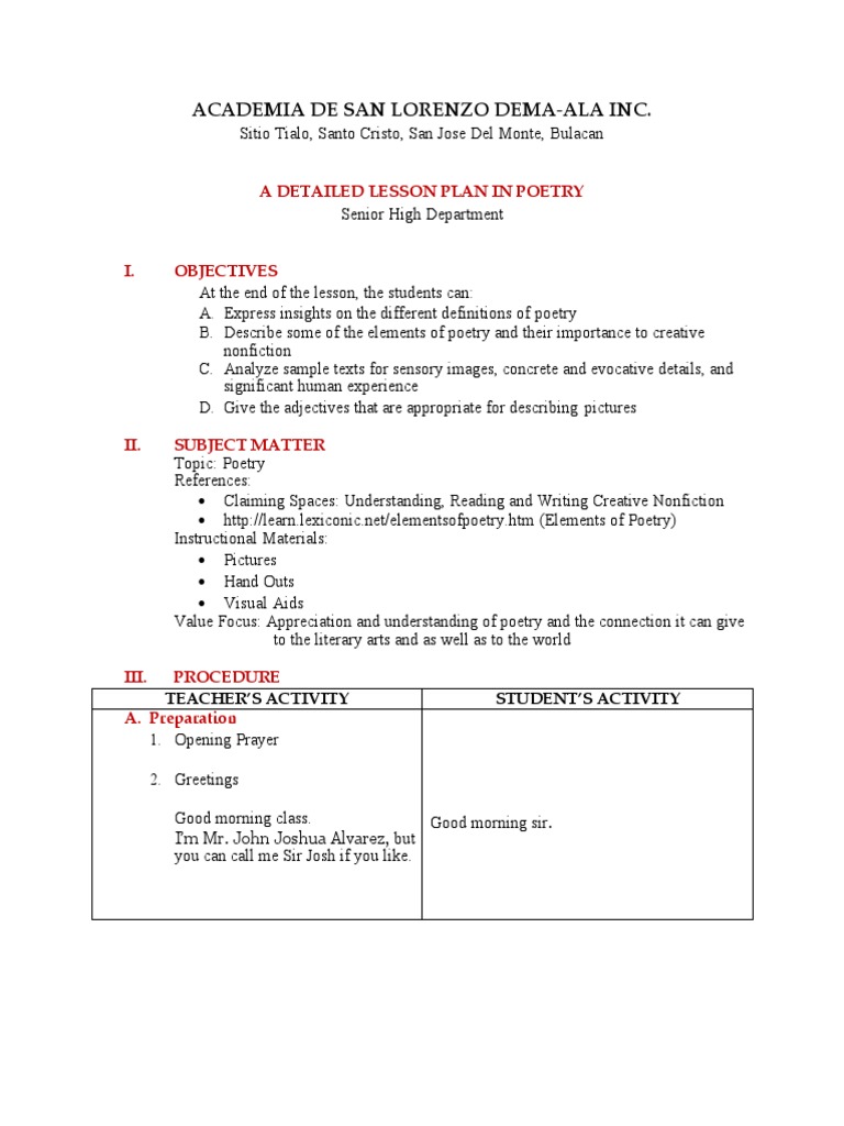 Academia de San Lorenzo Dema-Ala Inc.: A Detailed Lesson Plan in Poetry ...