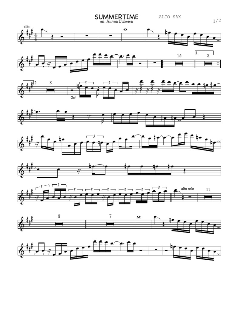 Summertime Alto Sax Sheet Music | PDF | Saxophone | Woodwind Instruments