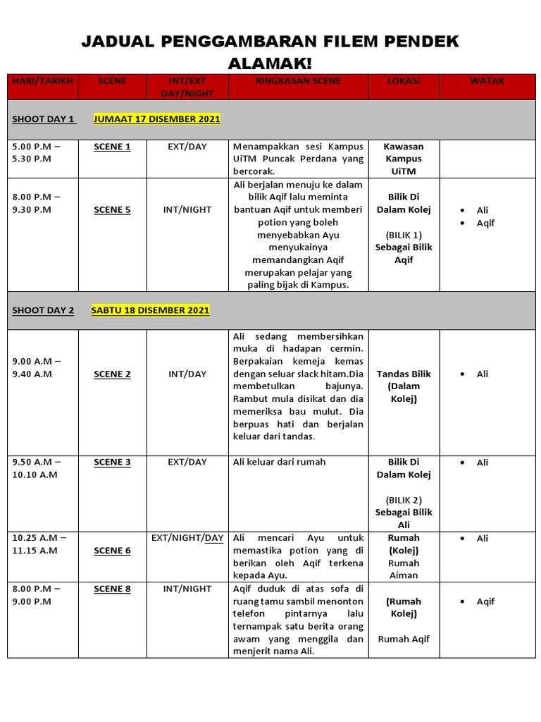 Jadual Penggambaran Filem Pendek Alamak | PDF