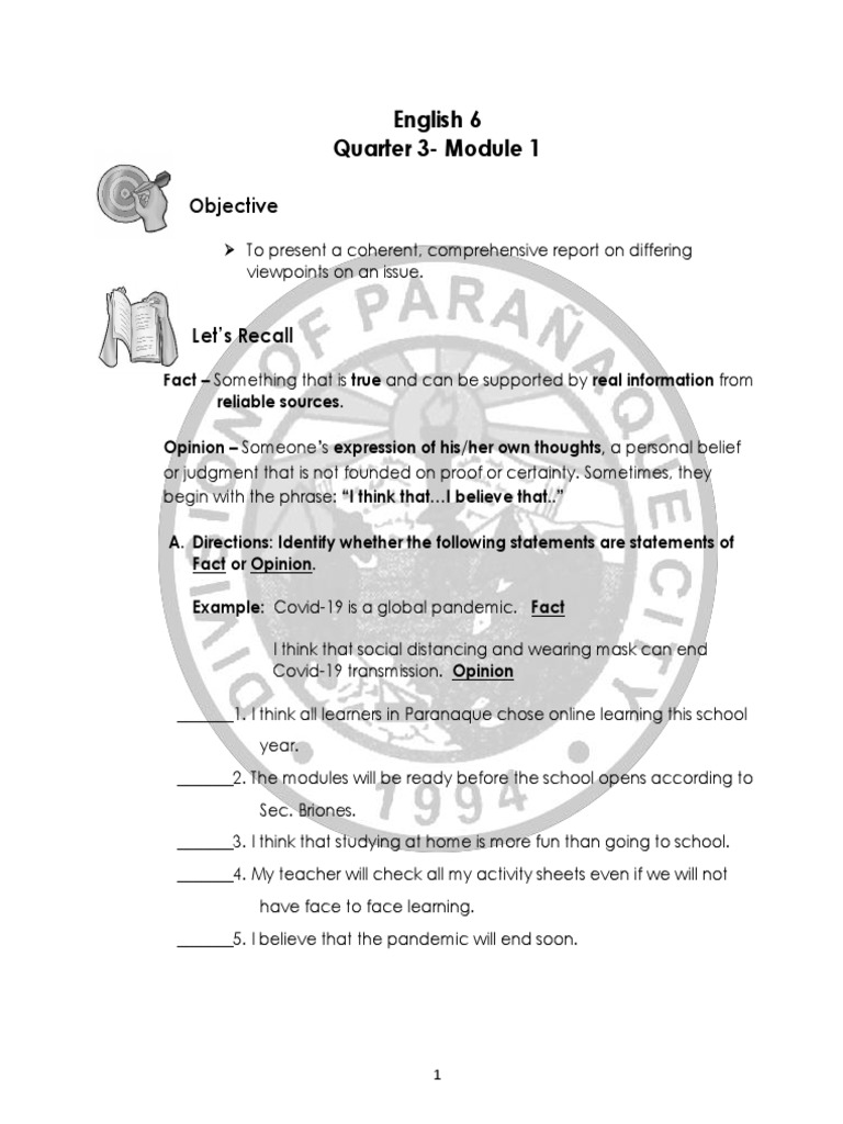 English 6 Quarter 3-Module 1: Objective | PDF | Learning