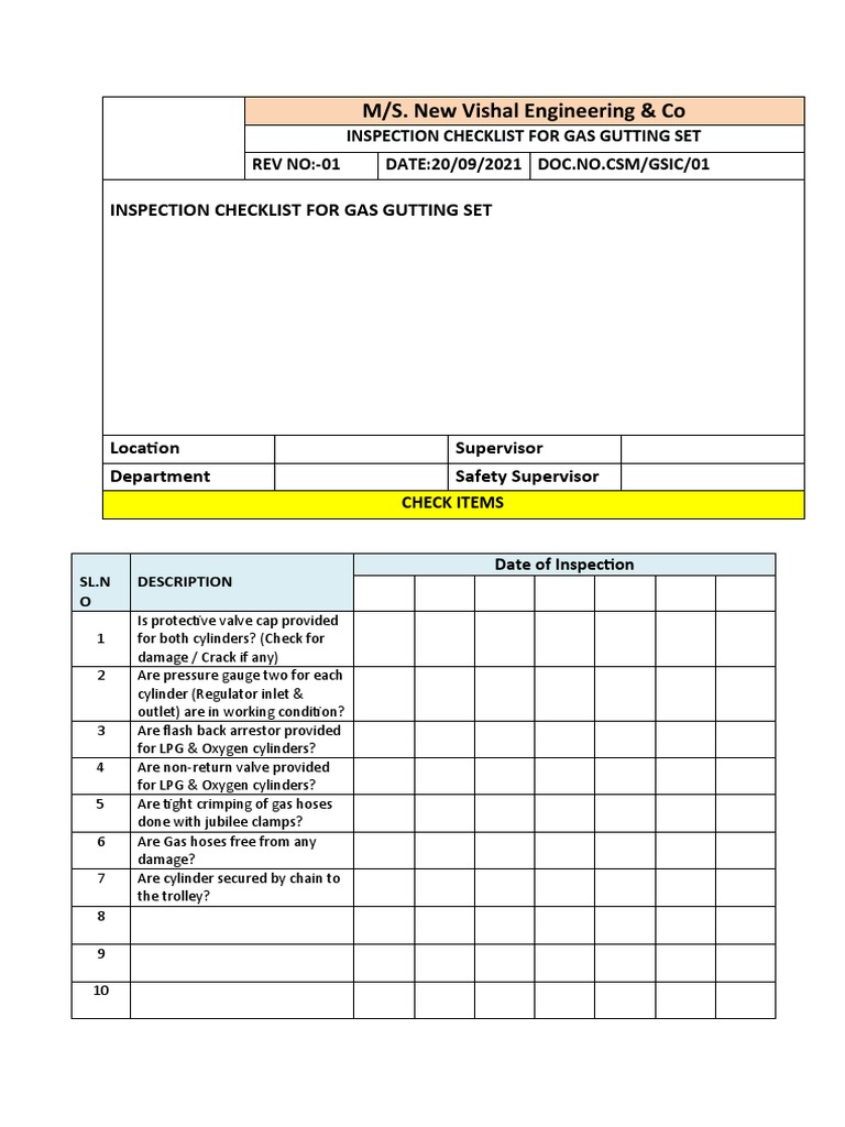 M/S. New Vishal Engineering & Co: Inspection Checklist For Gas Gutting ...