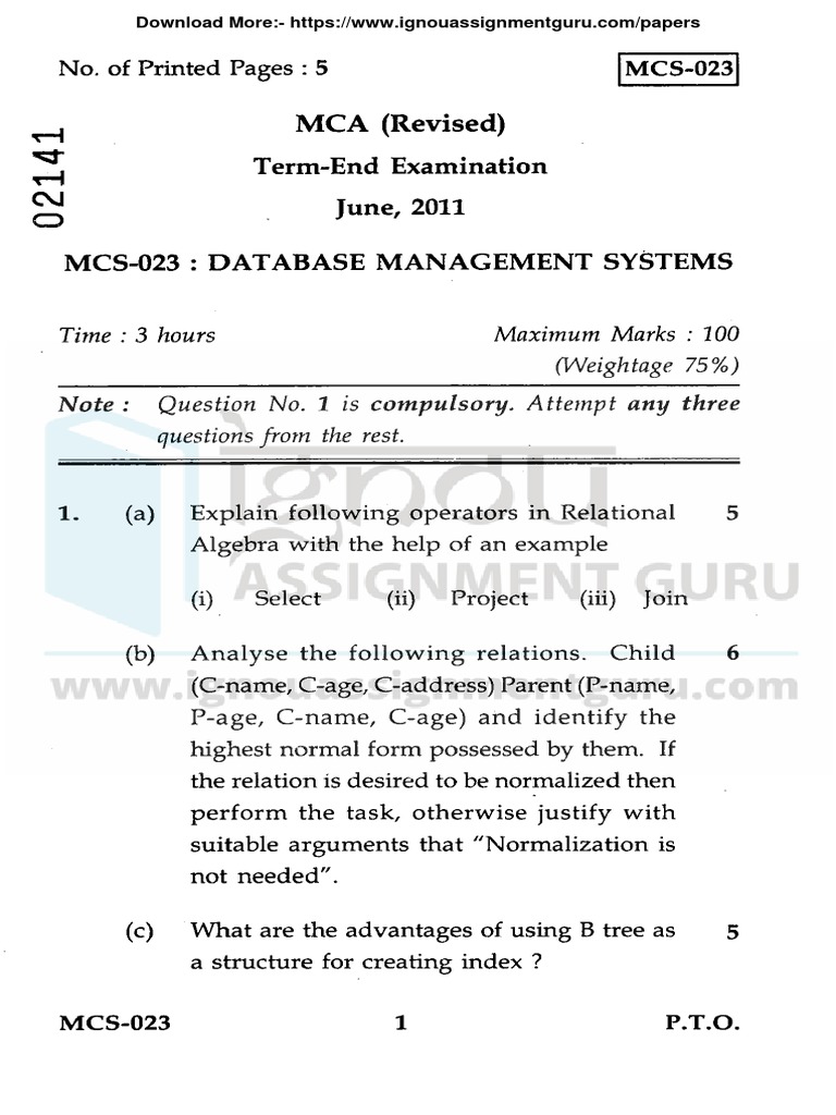 MCS 023 Previous Year Question Papers by Ignouassignmentguru | PDF | Databases | Database ...