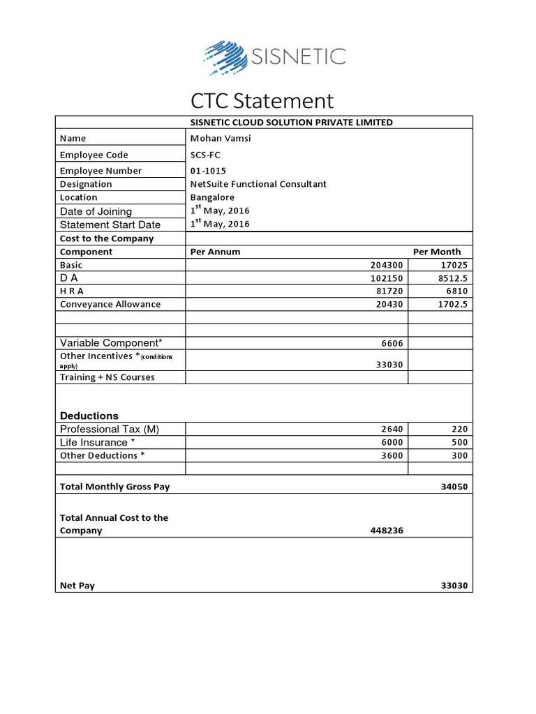 CTC Statement: Sisnetic Cloud Solution Private Limited | PDF