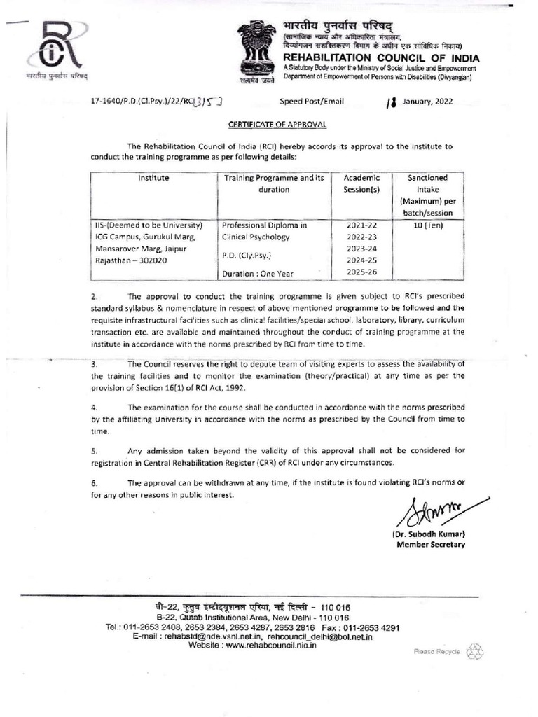 RCI Certificate For Approval of Professional Diploma in Clinical ...