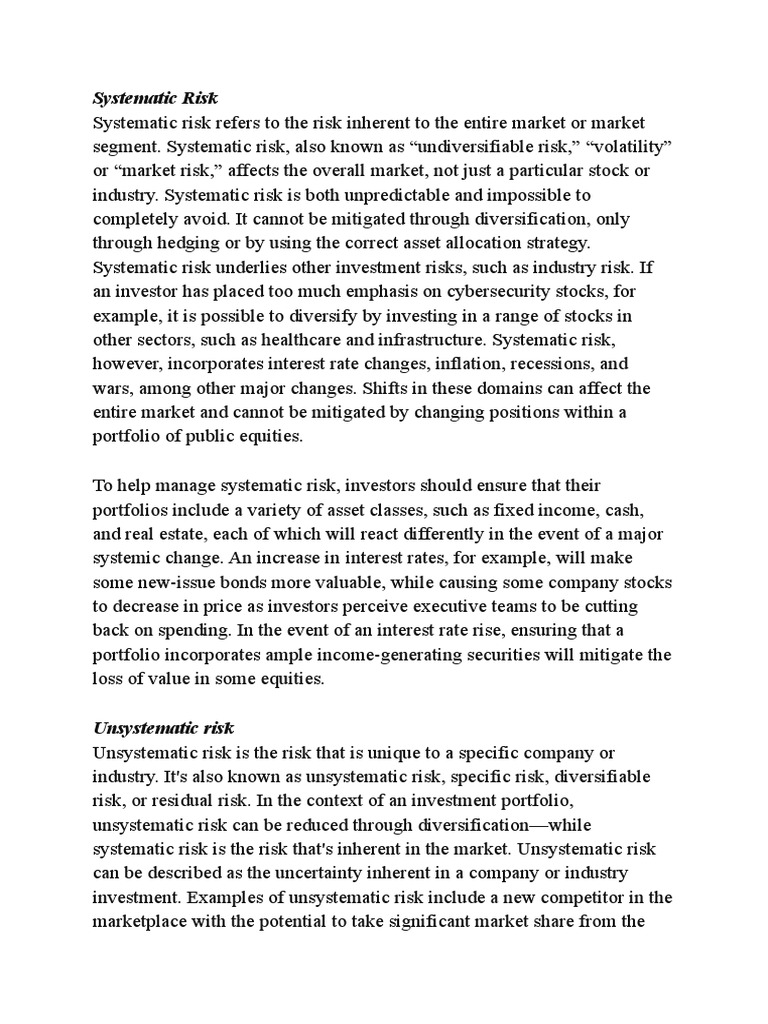 Systematic Risk Vs Unsystematic Risk | PDF | Diversification (Finance ...