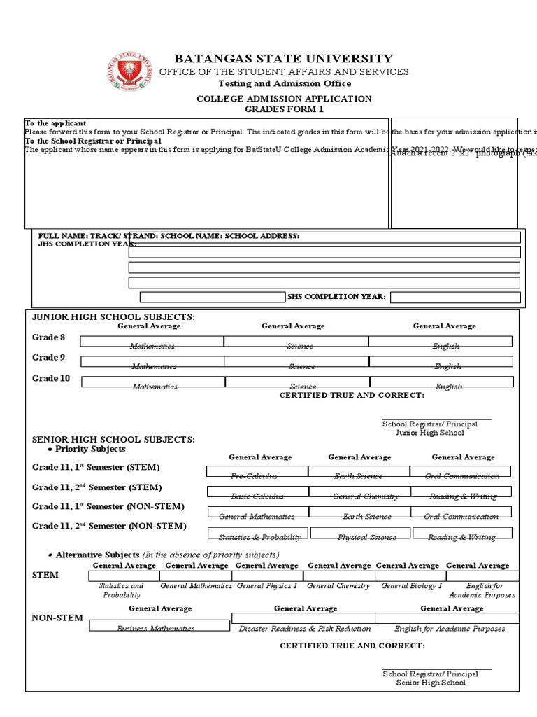 BatStateU College Application Grades Form Regular Admission | PDF | University And College ...