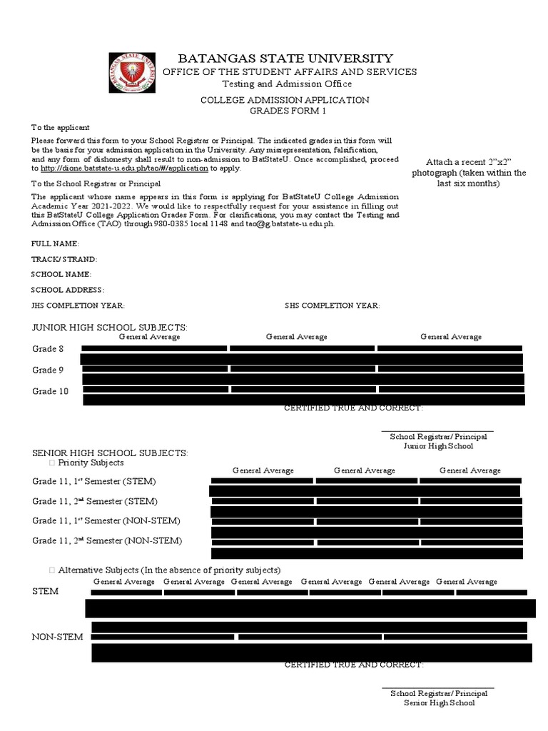 BatStateU College Application Grades Form Regular Admission | PDF | Science, Technology ...