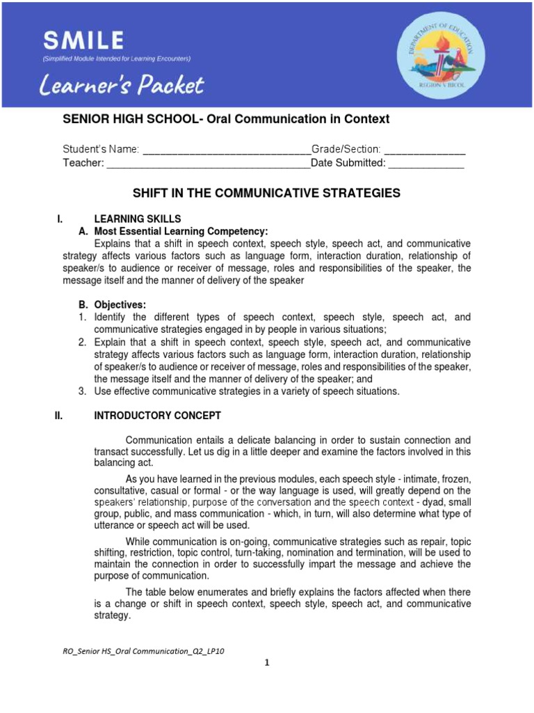 SENIOR HIGH SCHOOL-Oral Communication in Context | PDF | Communication ...