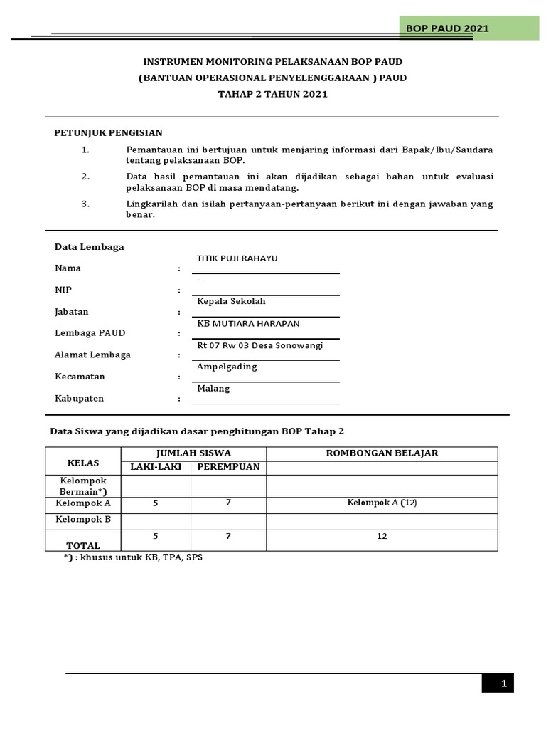 Instrumen Monev Tahap Ii - Bop KB Mutiara Harapan | PDF