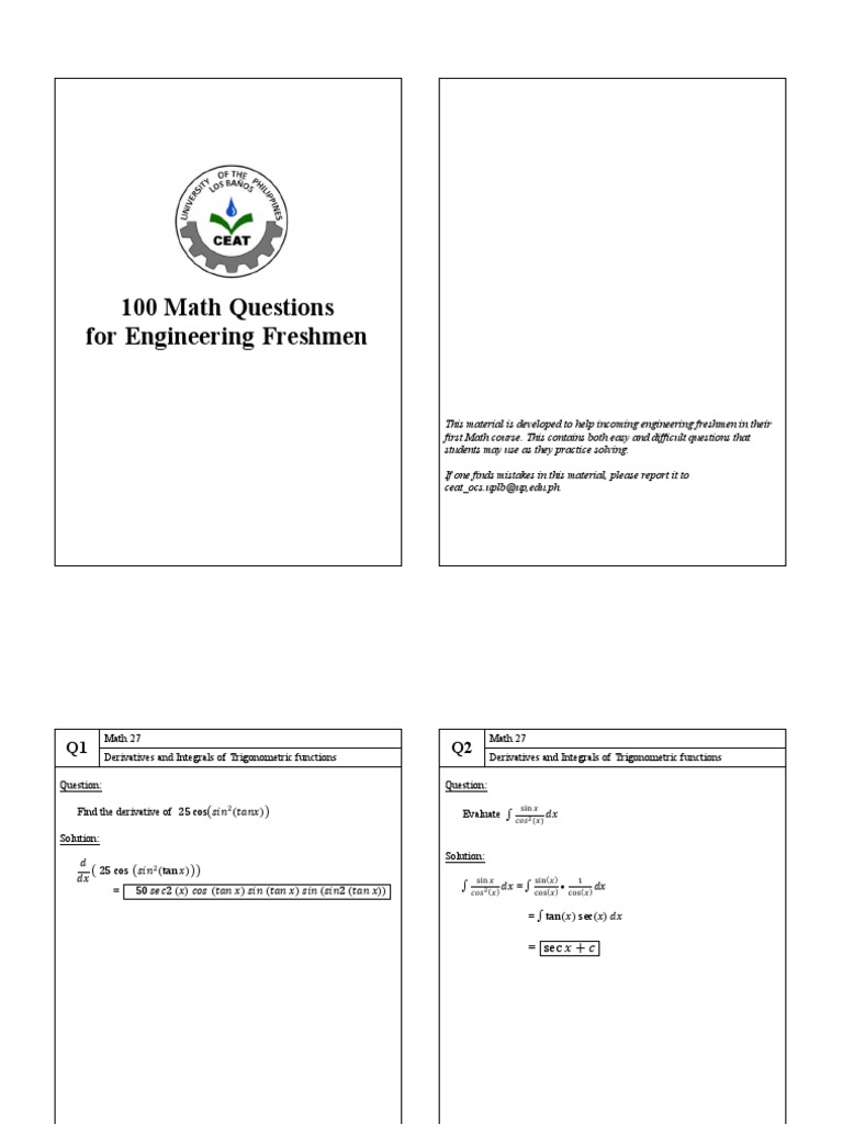 100 Math Questions For Engineering Freshmen | PDF | Trigonometric ...