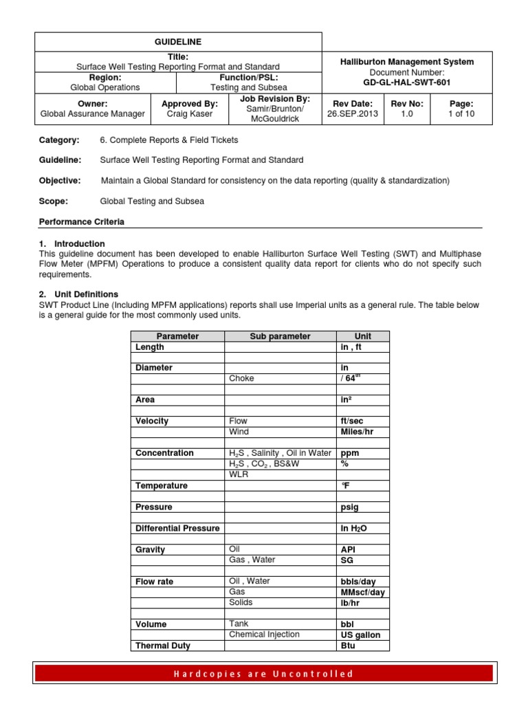 Surface Well Testing Reporting Format and Standard GD-GL-HAL-SWT-601 ...