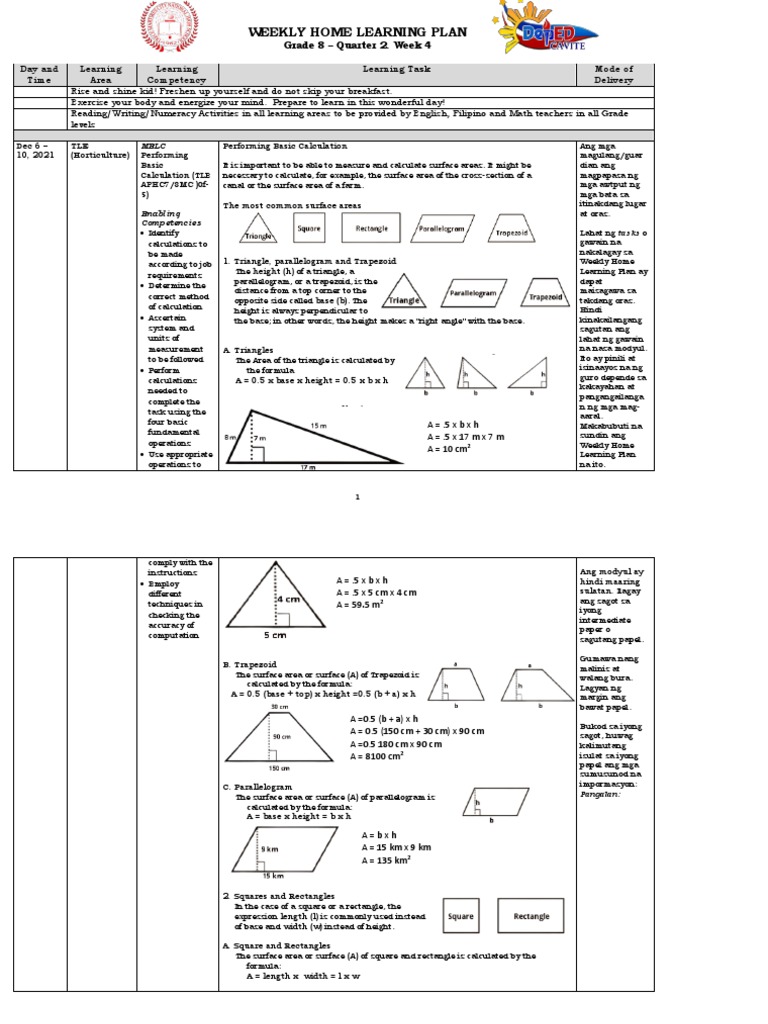 Grade 8 Weekly Learning Plan: Week 4 | PDF | Area | Geometry