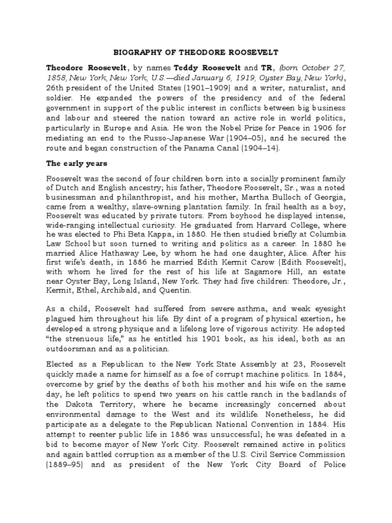 Biography of Theodore Roosevelt | PDF | Theodore Roosevelt | William Mc ...