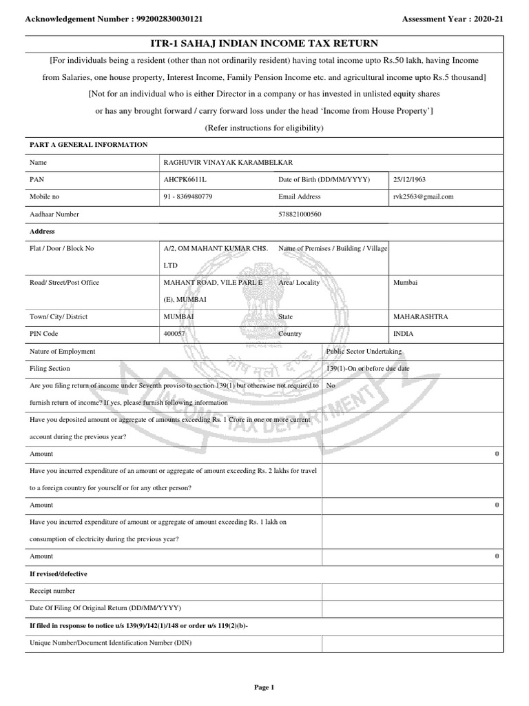 Itr-1 Sahaj Indian Income Tax Return: Acknowledgement Number ...