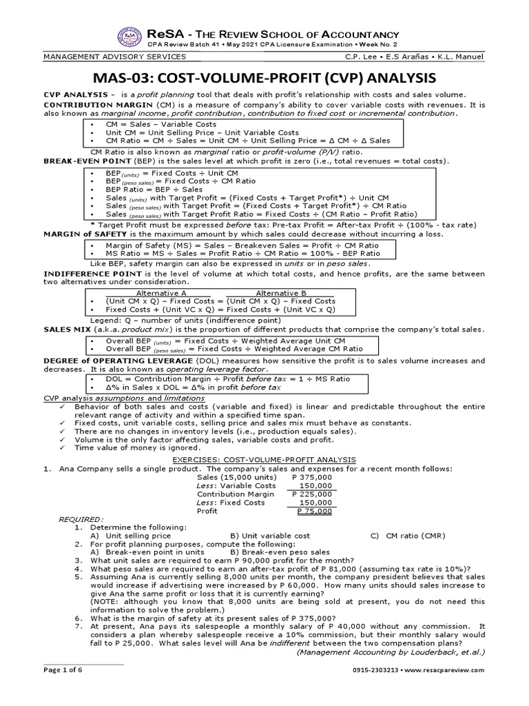 MAS 03 CVP Analysis | PDF | Income Statement | Marketing