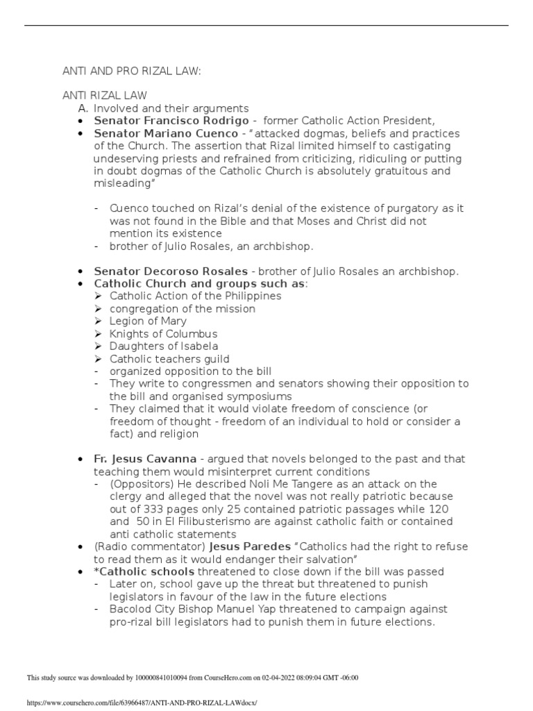 Anti and Pro Rizal Law | PDF | Catholic Church