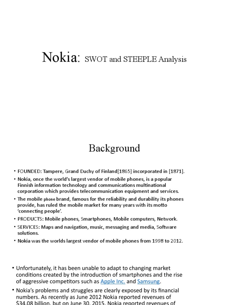 Nokia:: SWOT and STEEPLE Analysis | PDF