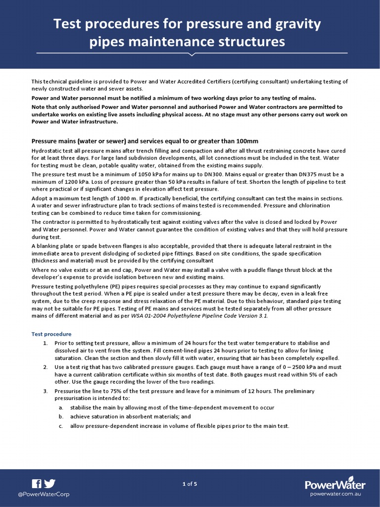 Test Procedures For Pressure and Gravity Pipes Maintenance Structures ...
