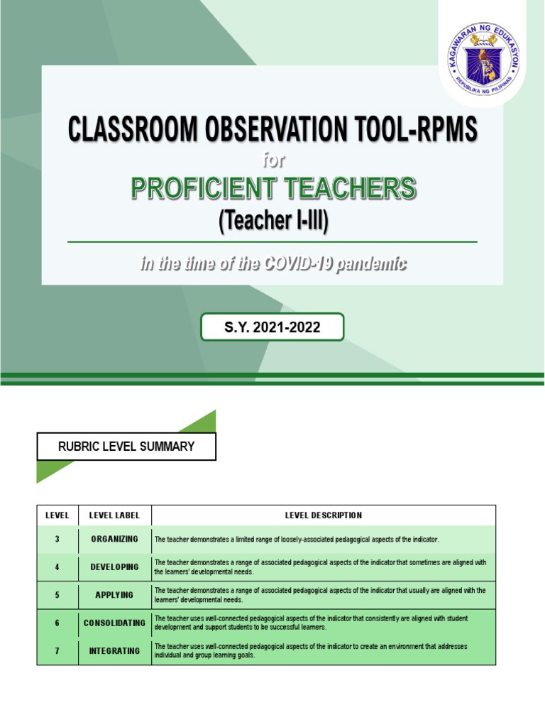 (Appendix 3A) COT-RPMS For T I-III SY 2021-2022 in The Time of COVID-19 ...