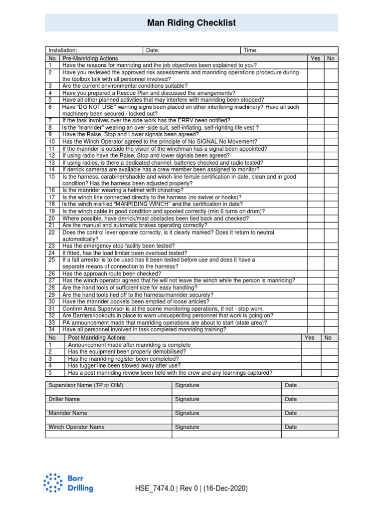 Man Riding Checklist: HSE - 7474.0 - Rev 0 - (16-Dec-2020) | Download ...