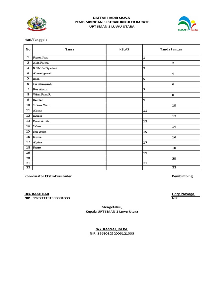 Contoh Daftar Hadir Ekskul | PDF
