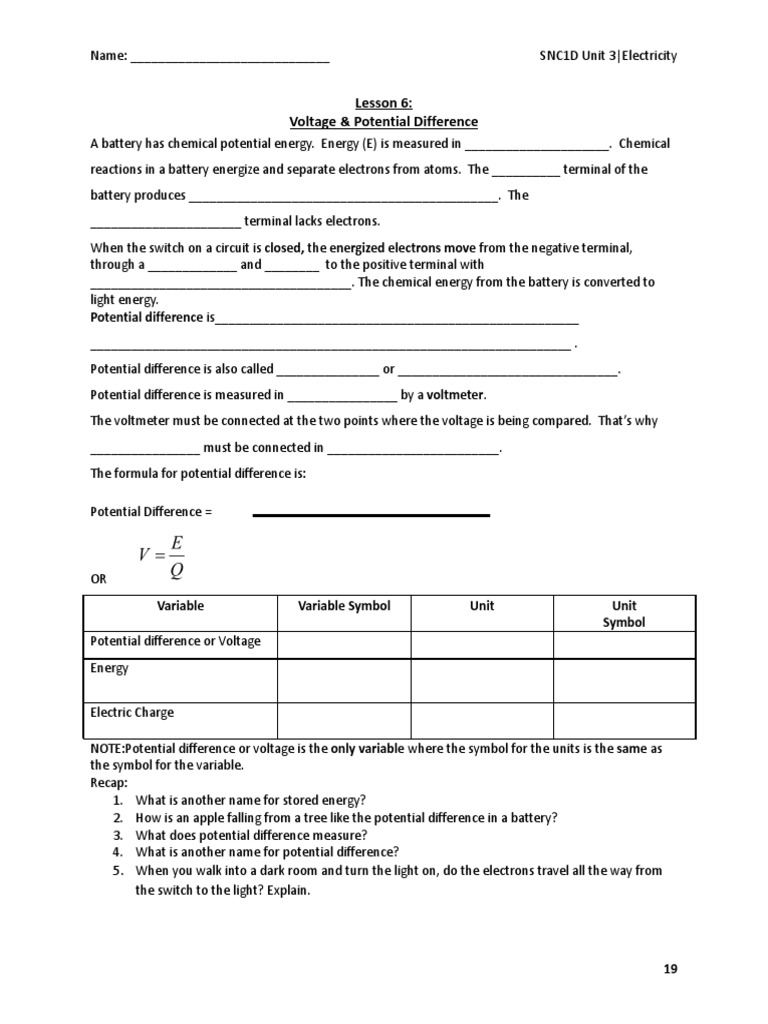 L6 U3 SNC1D Notes | PDF | Voltage | Electric Current