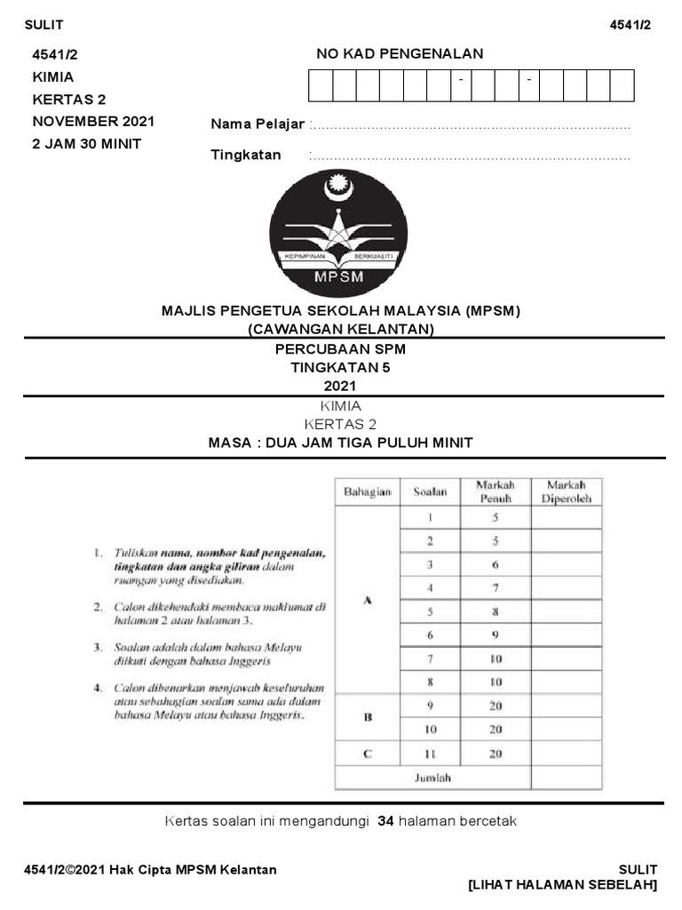 Kertas Trial Kimia Kelantan K2 2021 | PDF